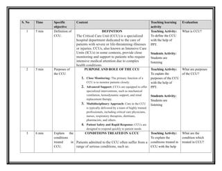 Lesson plan on Critical Care Unit.Critical care is medical care for ...