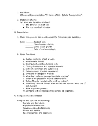 Lesson plan on cell growth and reproduction | DOCX