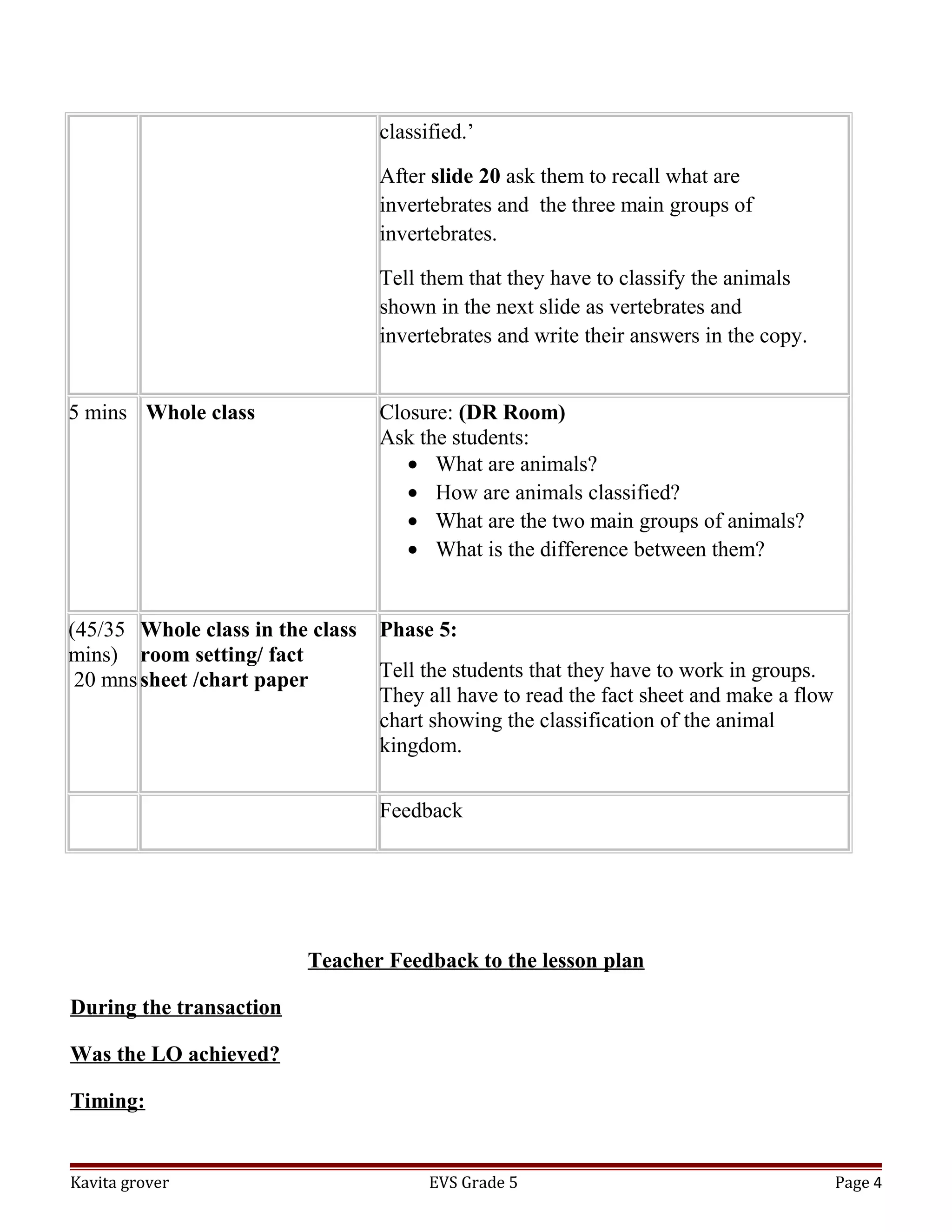 Lesson plan on classification of animals | DOC