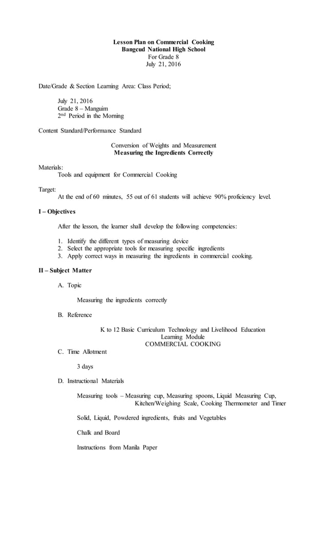 Lesson plan on commercial cooking 8 | DOCX | Food & Drink