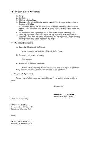 Lesson plan on commercial cooking 8 | DOCX