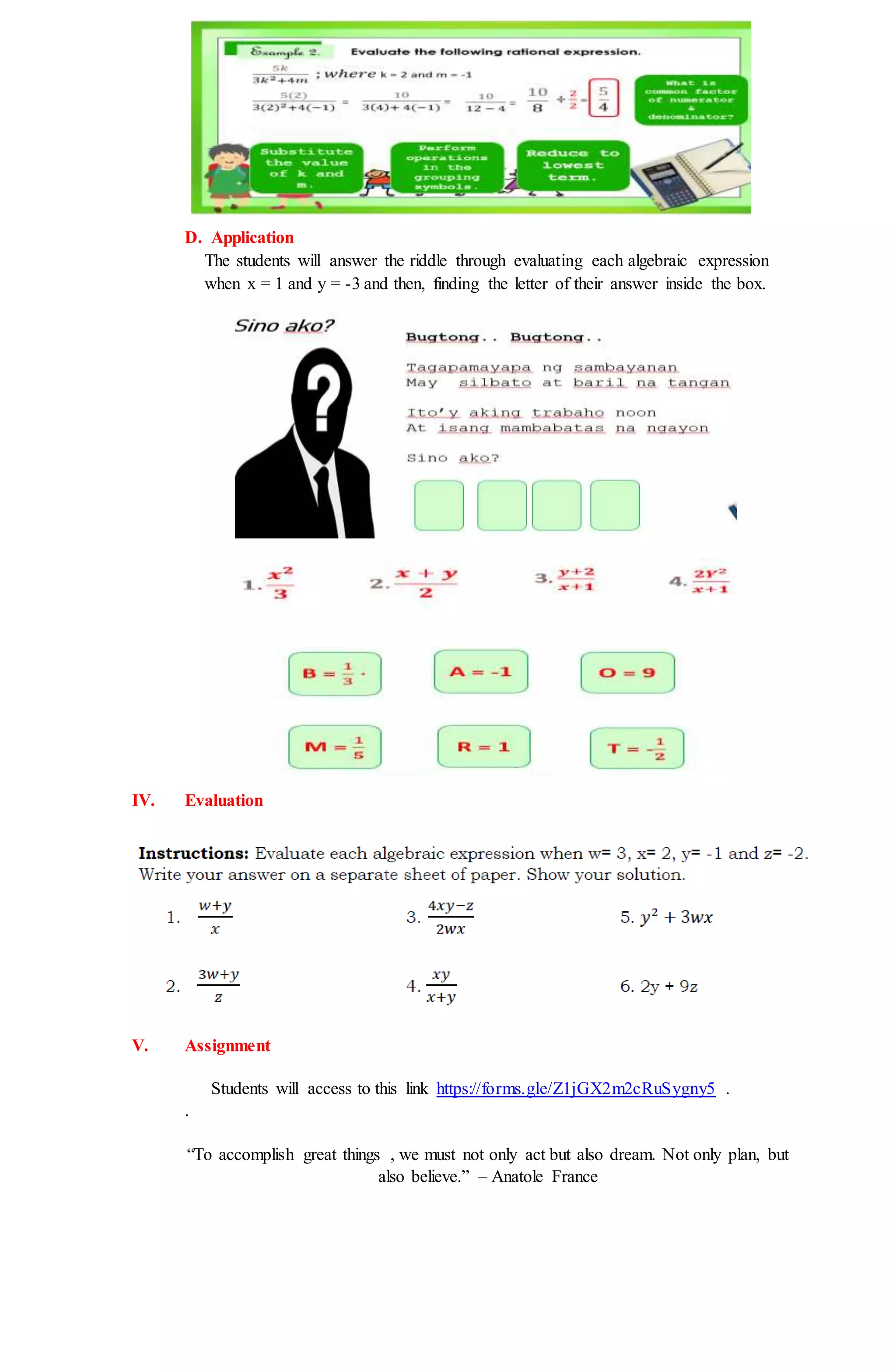 Lesson plan on Evaluating Rational Algebraic Expression | DOCX | Education