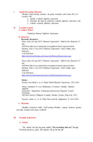 Lesson plan on Evaluating Rational Algebraic Expression | DOCX