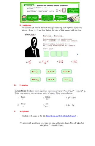 Lesson plan on Evaluating Rational Algebraic Expression | DOCX