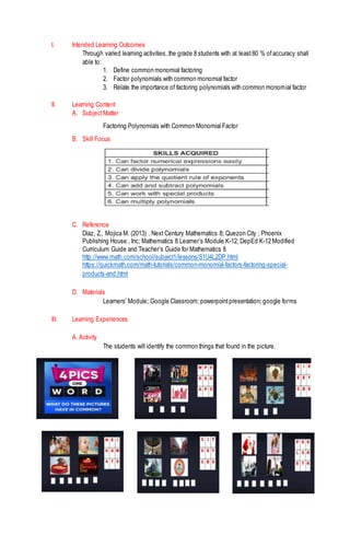 Lesson plan on factoring polynomial with common monomial factor | DOCX