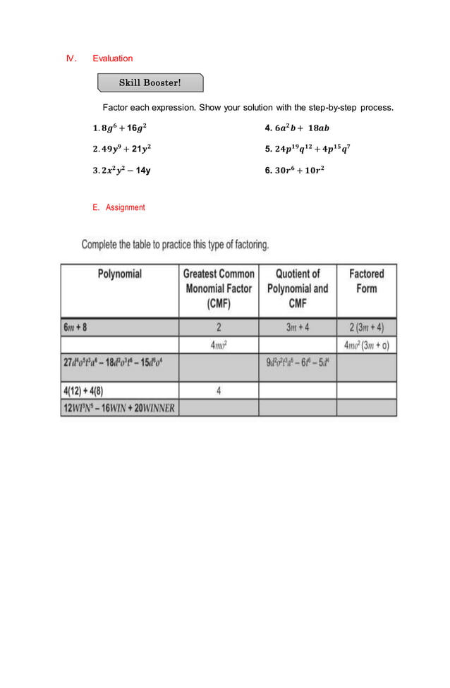 Lesson plan on factoring polynomial with common monomial factor | DOCX ...