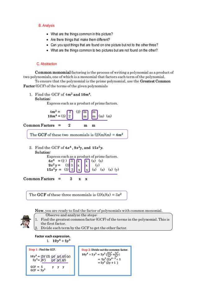 Lesson plan on factoring polynomial with common monomial factor