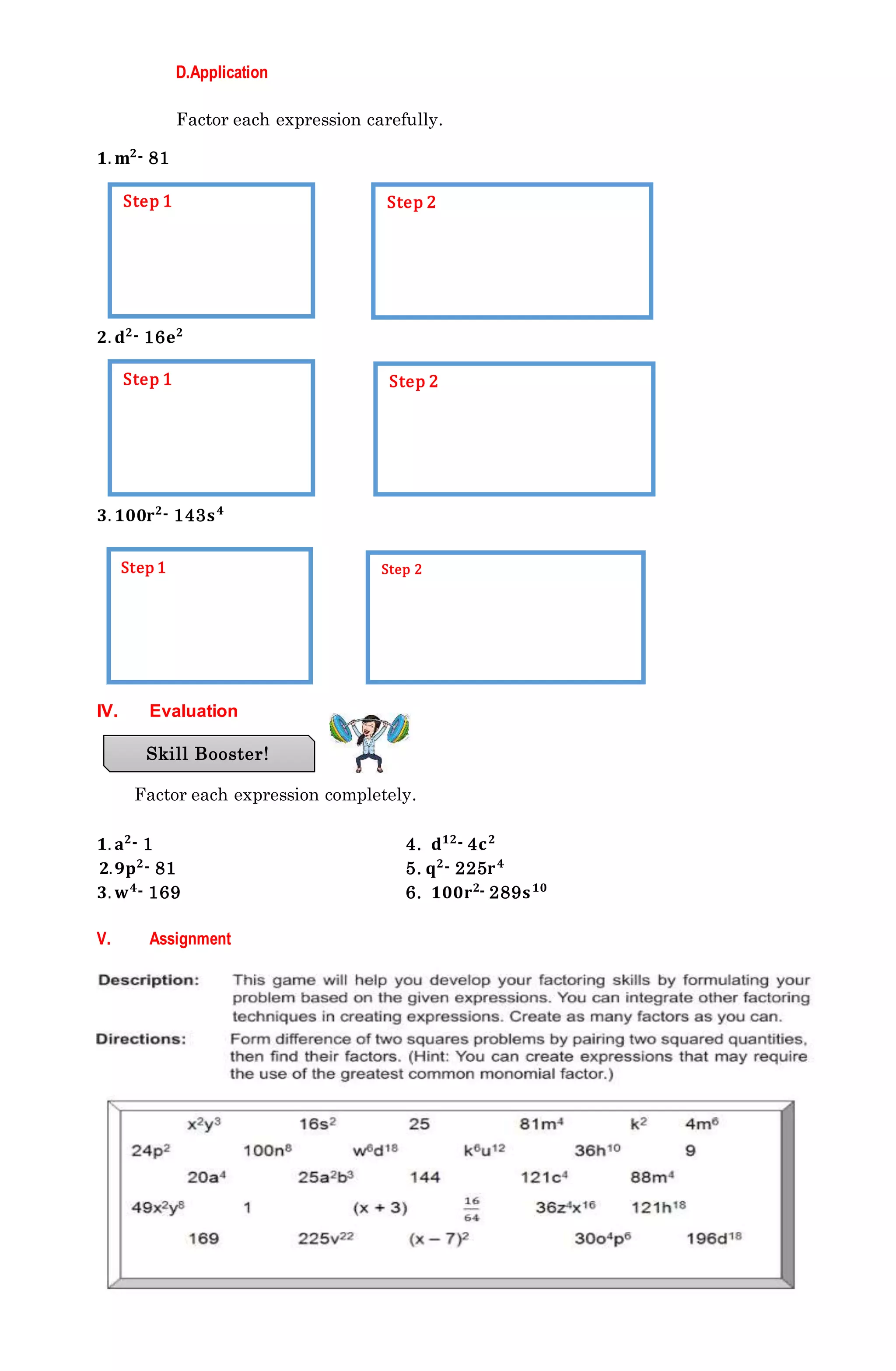 Factors on difference of two squares | DOCX