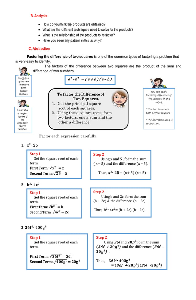 Factors on difference of two squares | DOCX | Education