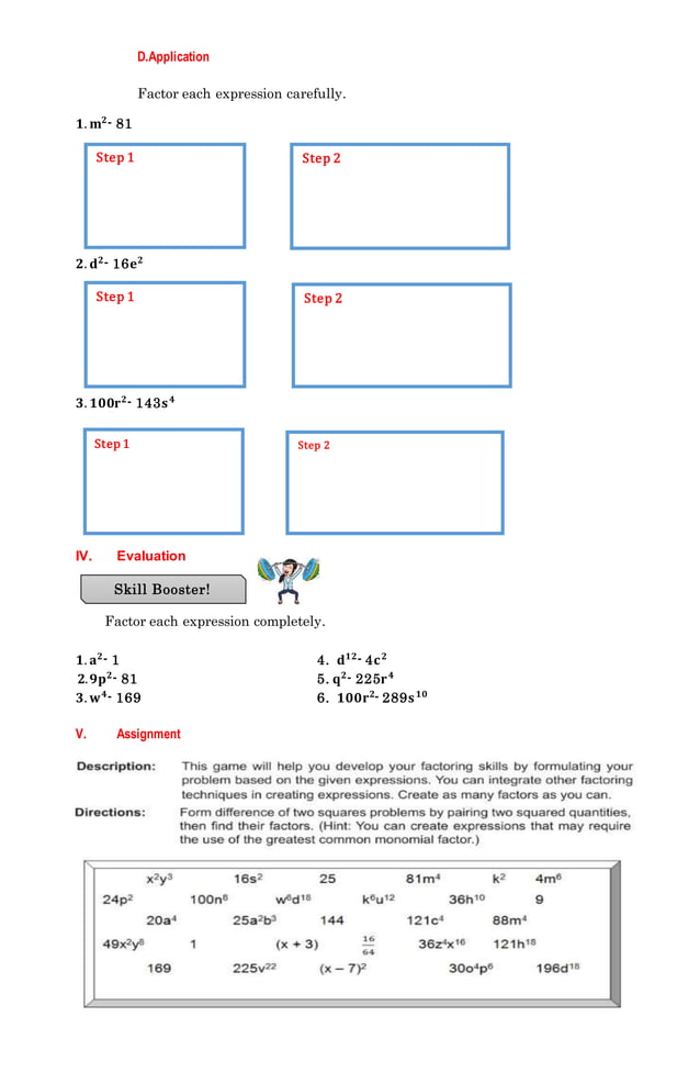Factors on difference of two squares | DOCX | Education