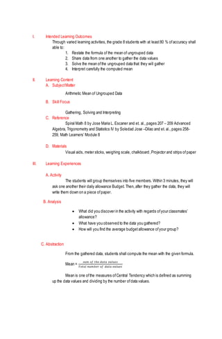 Lesson plan on Mean for Ungrouped Data | DOCX