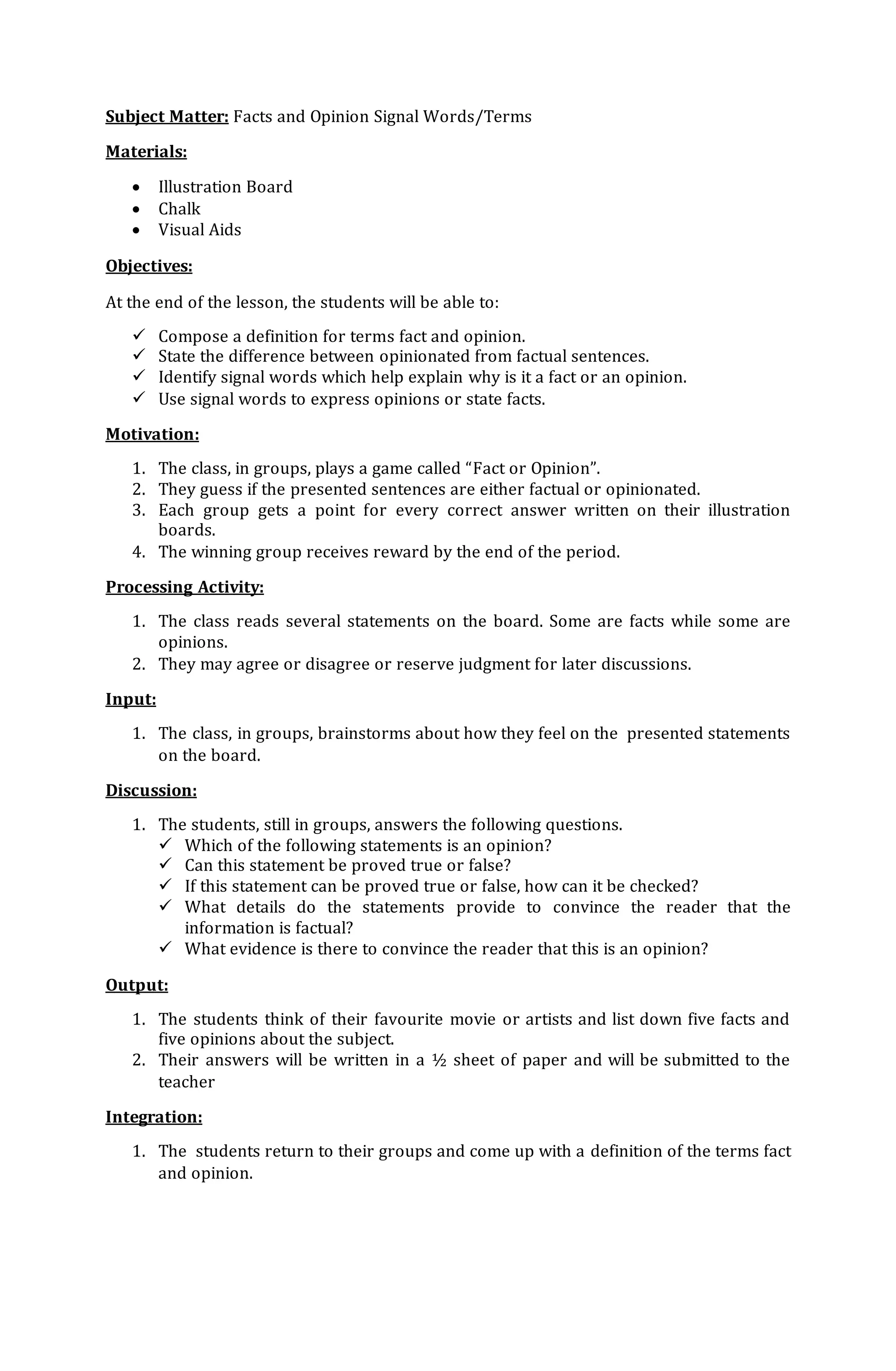 Lesson plan on opinion signal words | DOCX