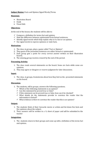 Lesson plan on opinion signal words | DOCX