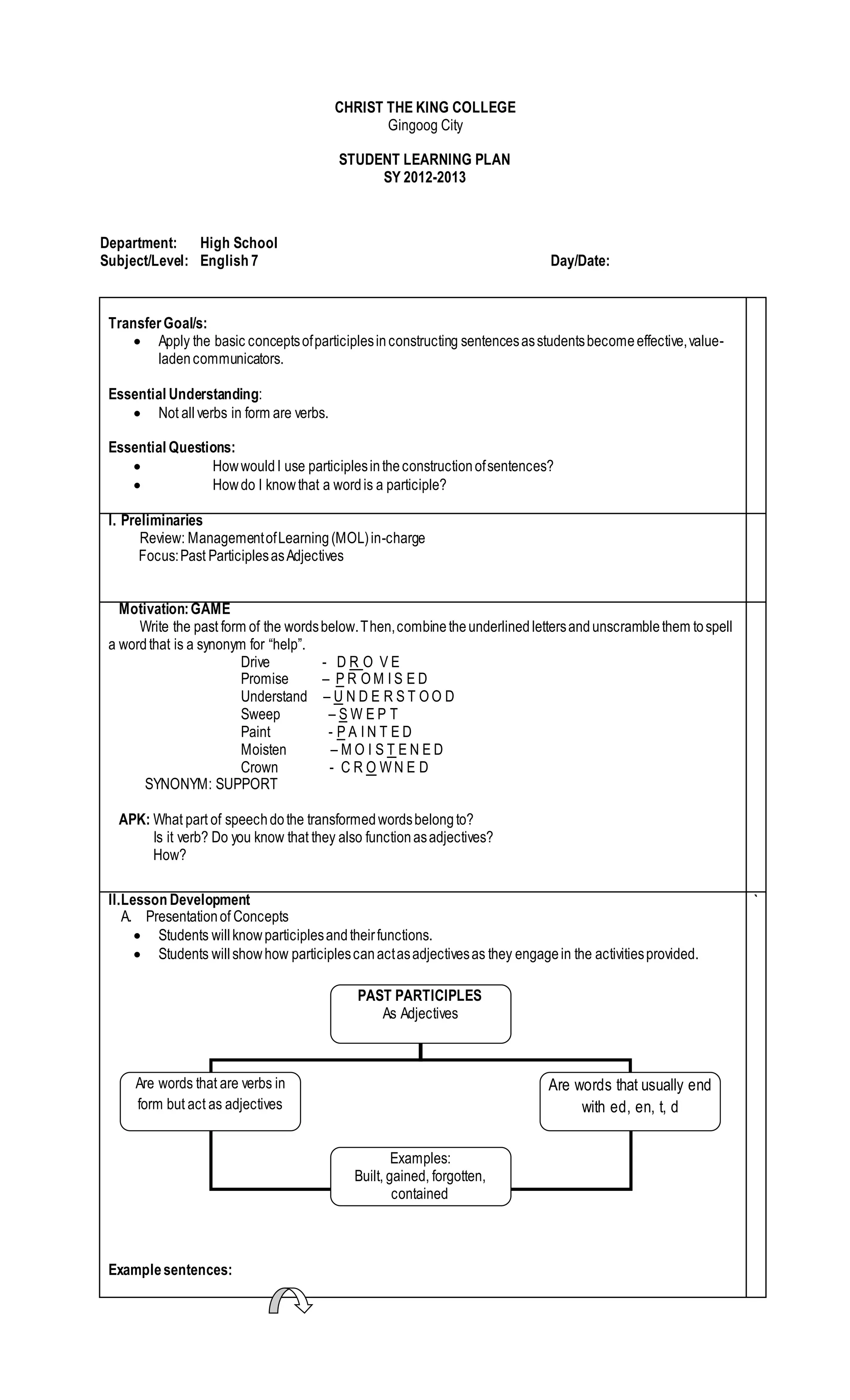 Lesson plan on past participle | DOCX
