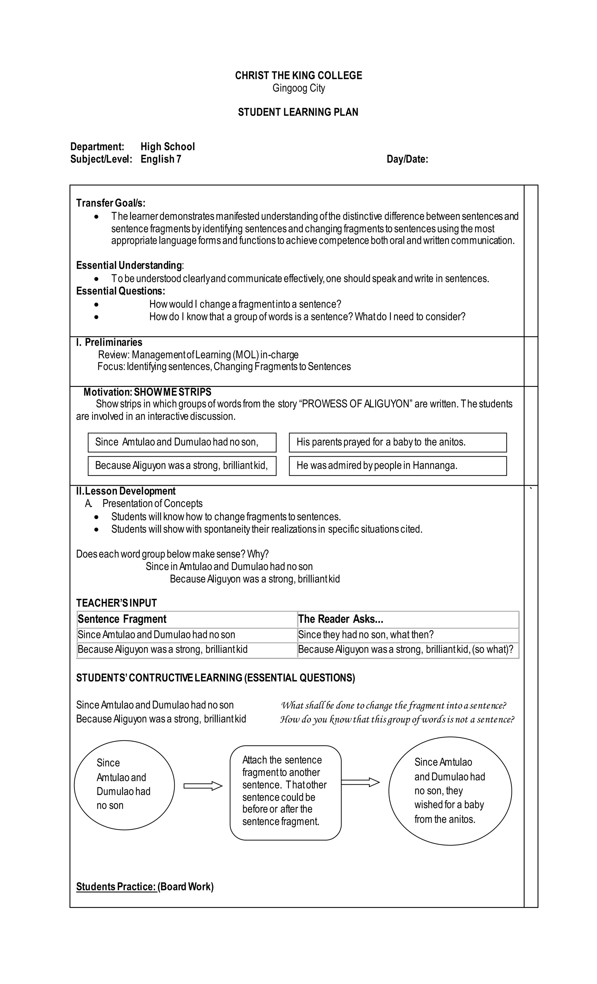 Lesson plan on sentence and sentence fragments | DOCX