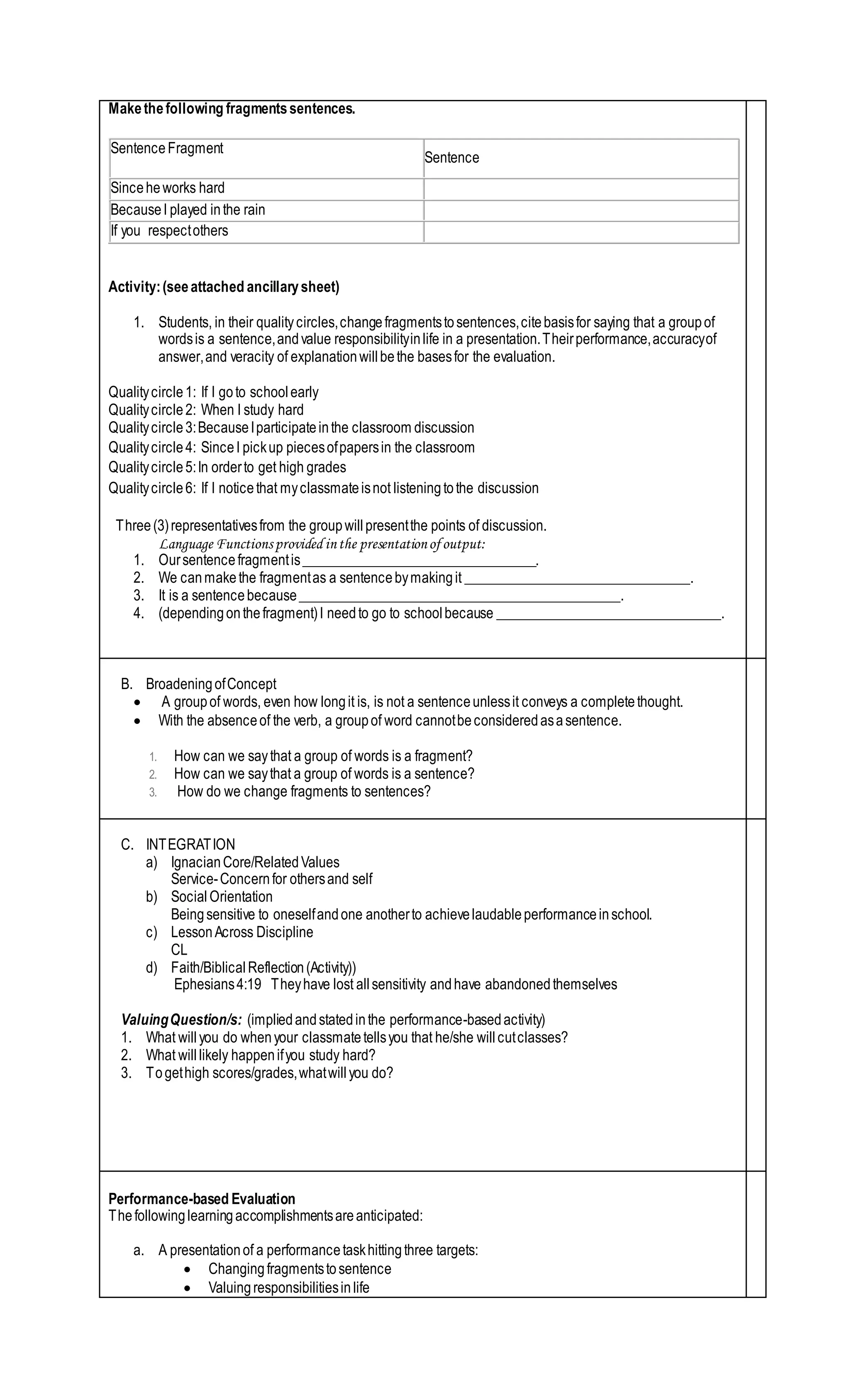 Lesson plan on sentence and sentence fragments | DOCX