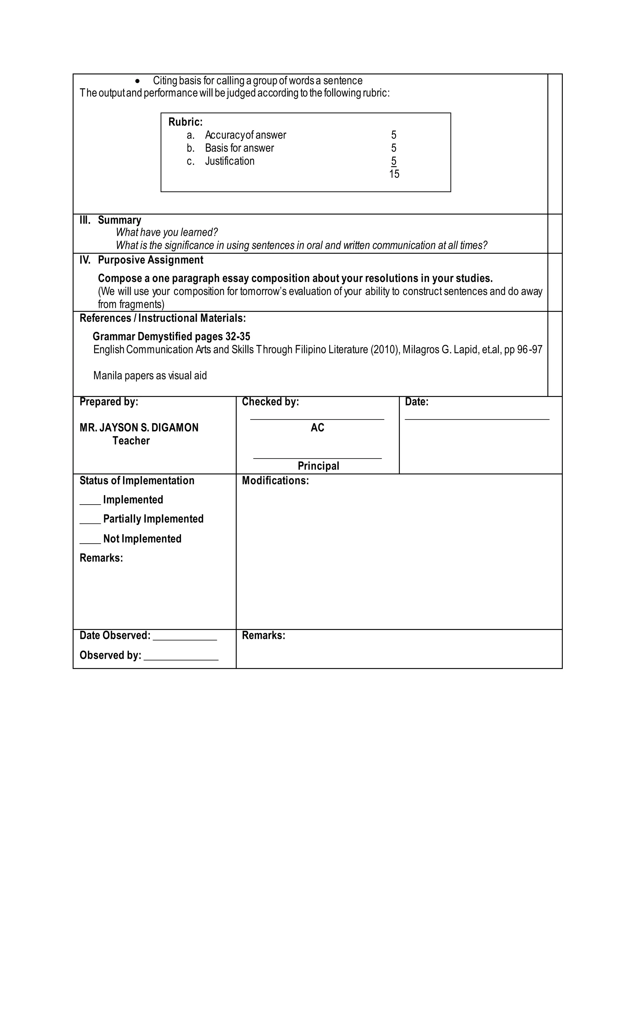 Lesson plan on sentence and sentence fragments | DOCX