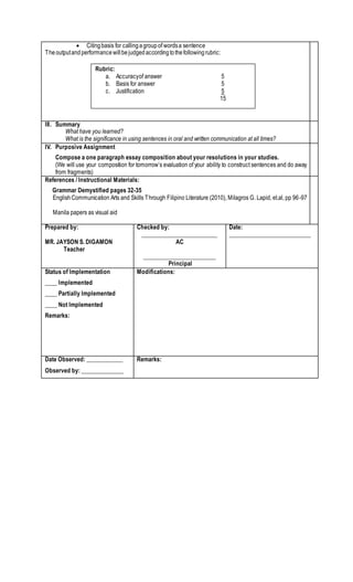 Lesson plan on sentence and sentence fragments | DOCX