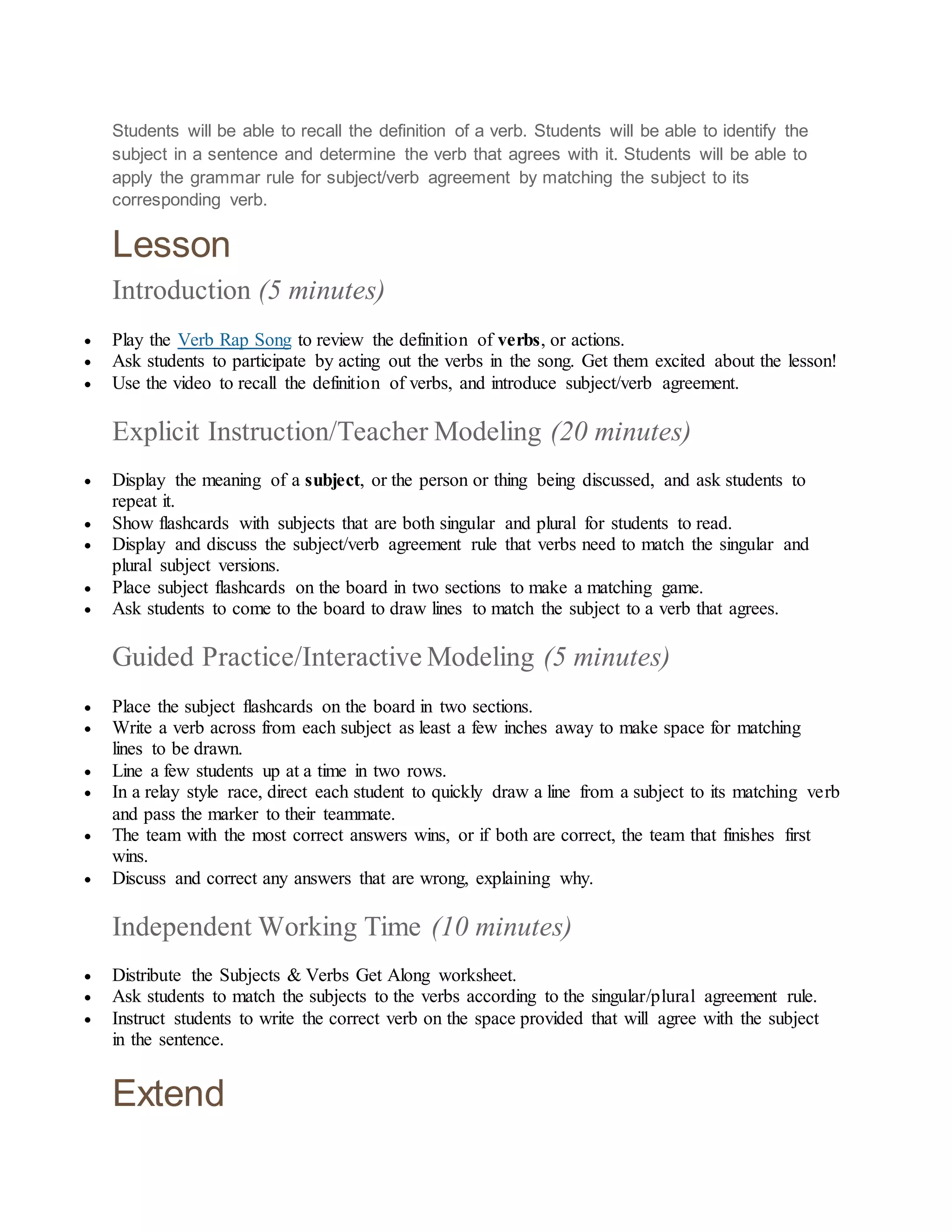 Lesson plan on subject verb agreement | DOCX Lesson plan on subject verb agreement | DOCX