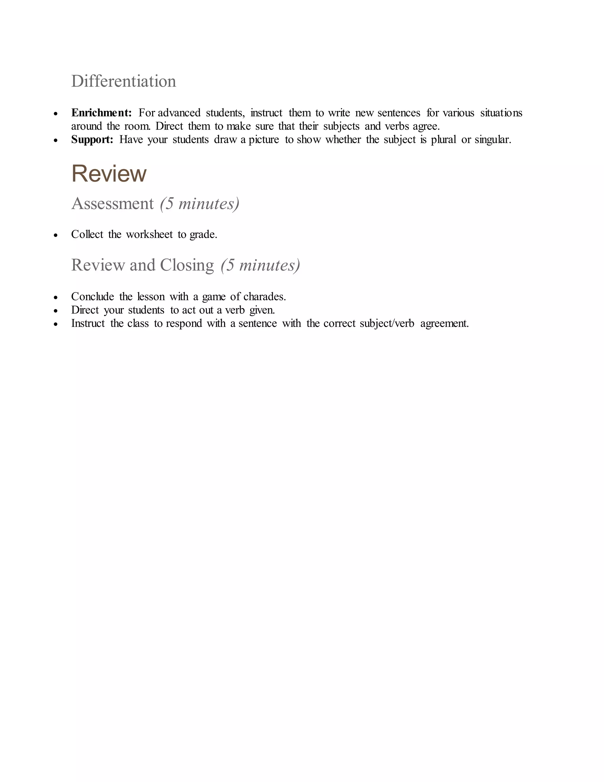 Lesson plan on subject verb agreement | DOCX