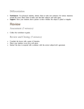 Lesson plan on subject verb agreement | DOCX