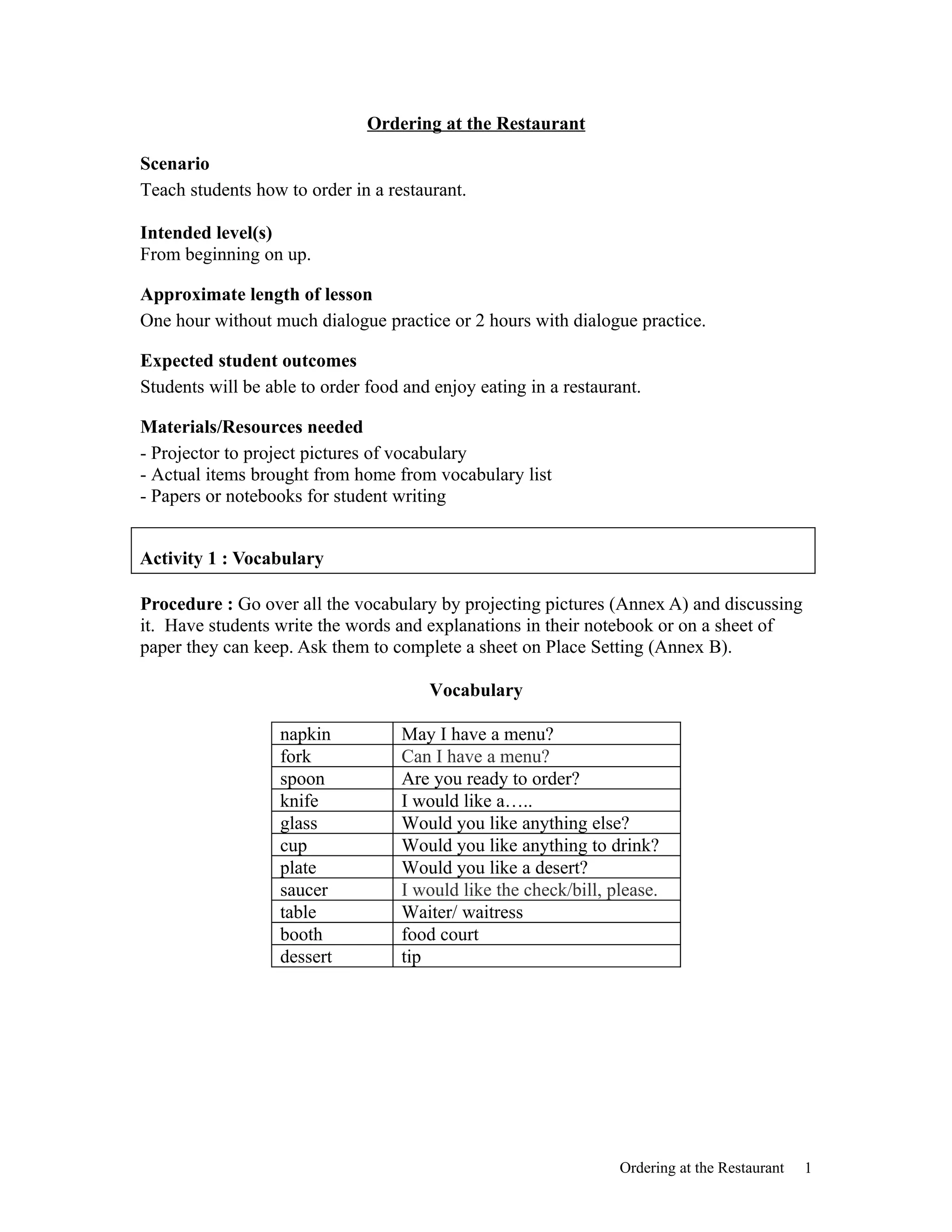 Lesson Plan Ordering At The Restaurant | DOC