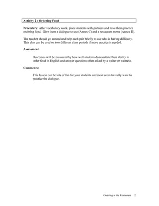 Lesson Plan Ordering At The Restaurant | DOC