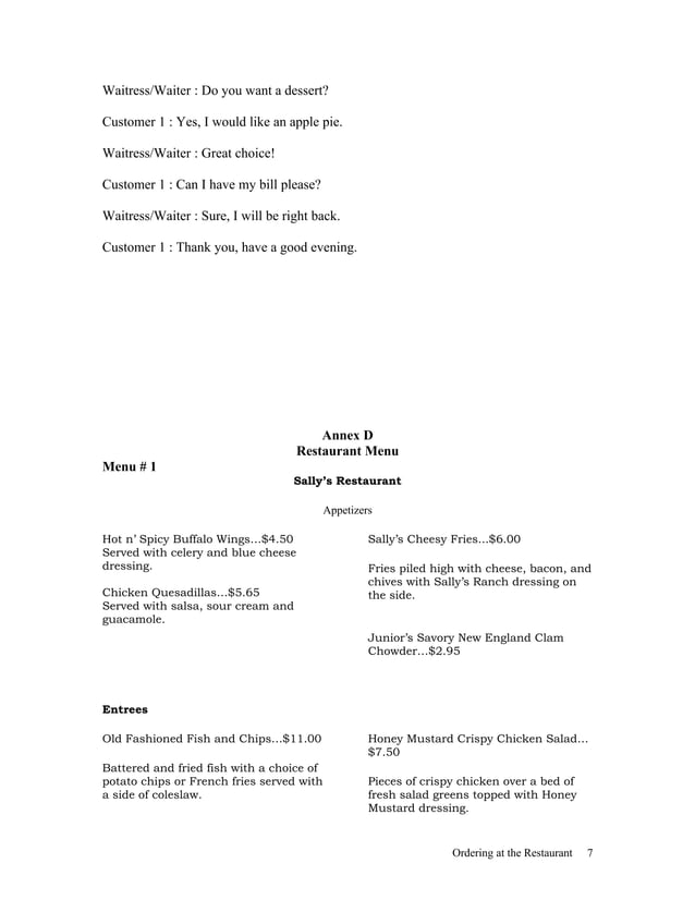 Lesson Plan Ordering At The Restaurant | DOC