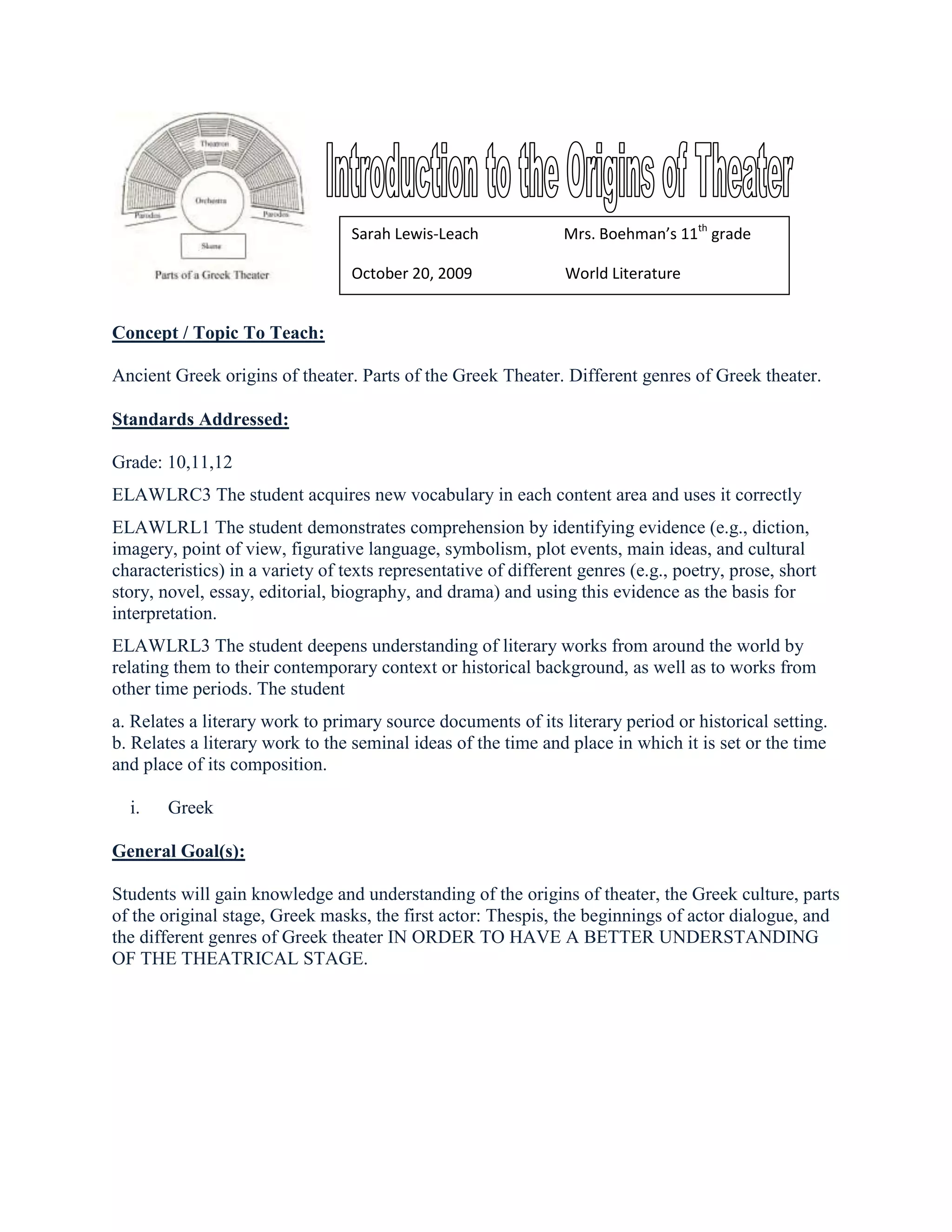 Lesson plan origins of greek theater | DOCX