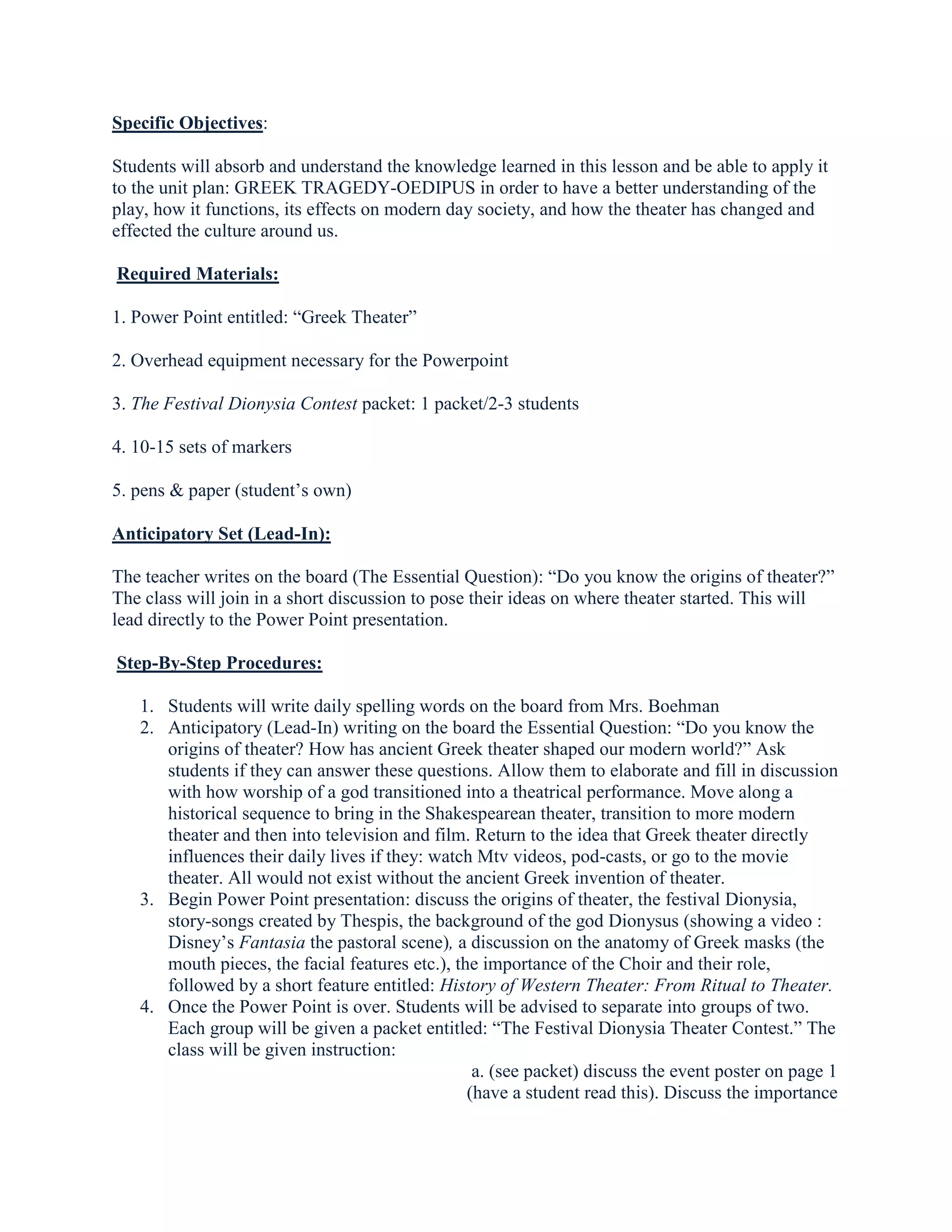 Lesson plan origins of greek theater | DOCX