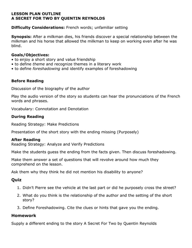 Lesson plan outline- A Secret For Two- QUENTIN REYNOLDS | DOC | Books ...