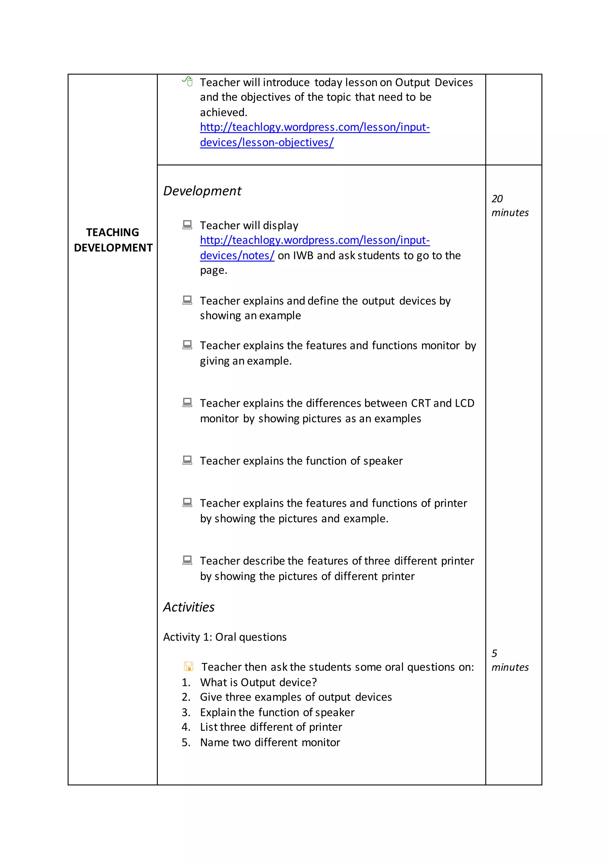 Lesson plan Output Devices | DOCX