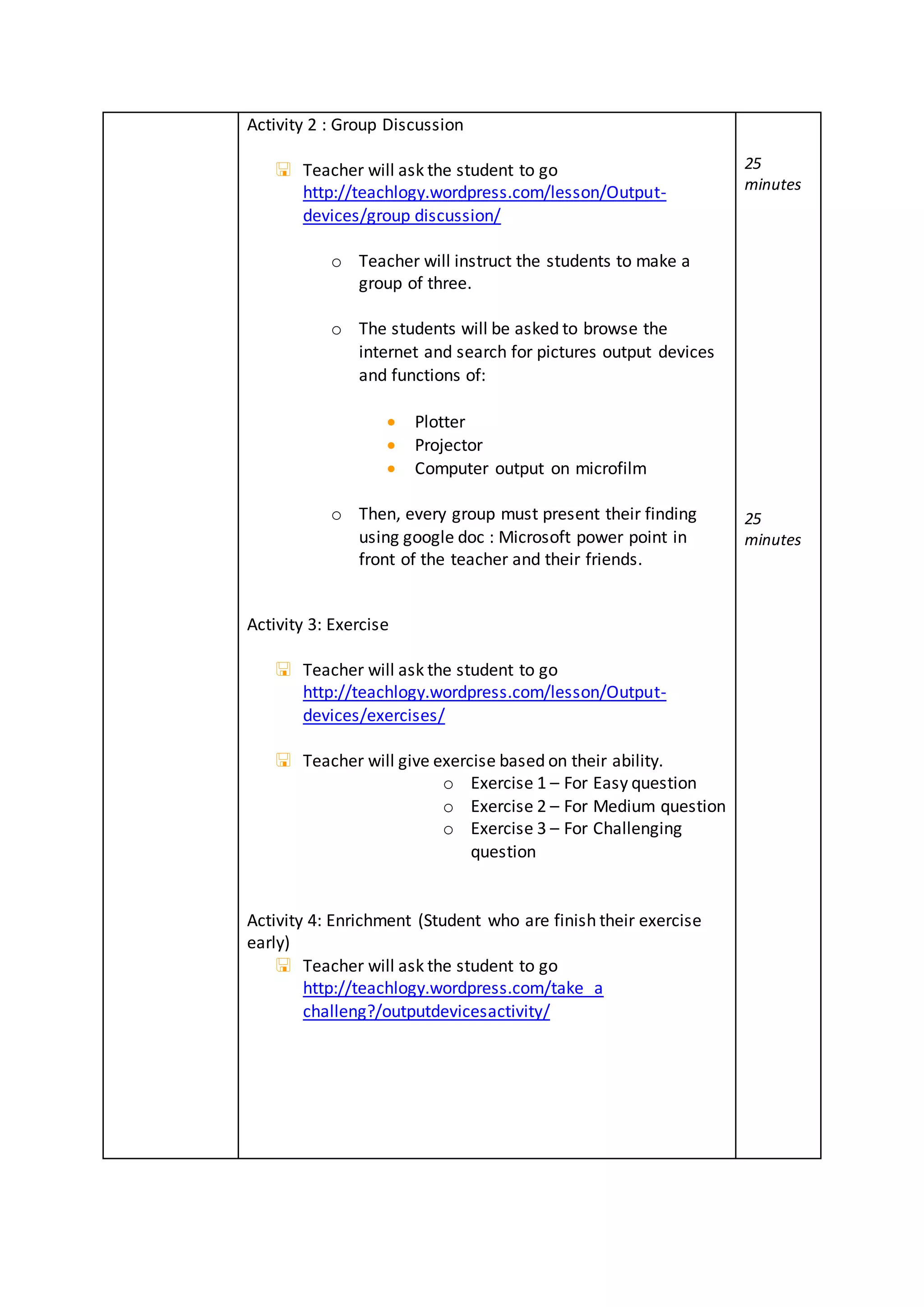 Lesson plan Output Devices | DOCX