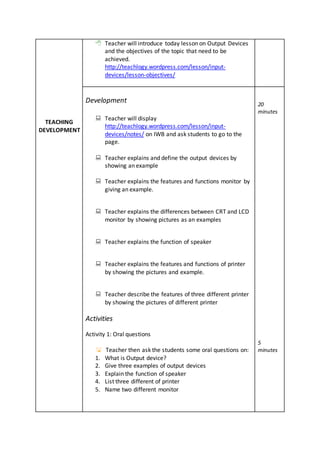Lesson plan Output Devices | DOCX