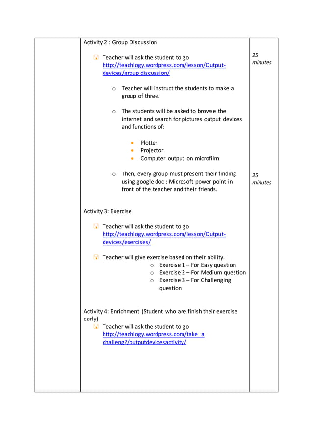 Lesson plan Output Devices | DOCX | Homework and Study | Education