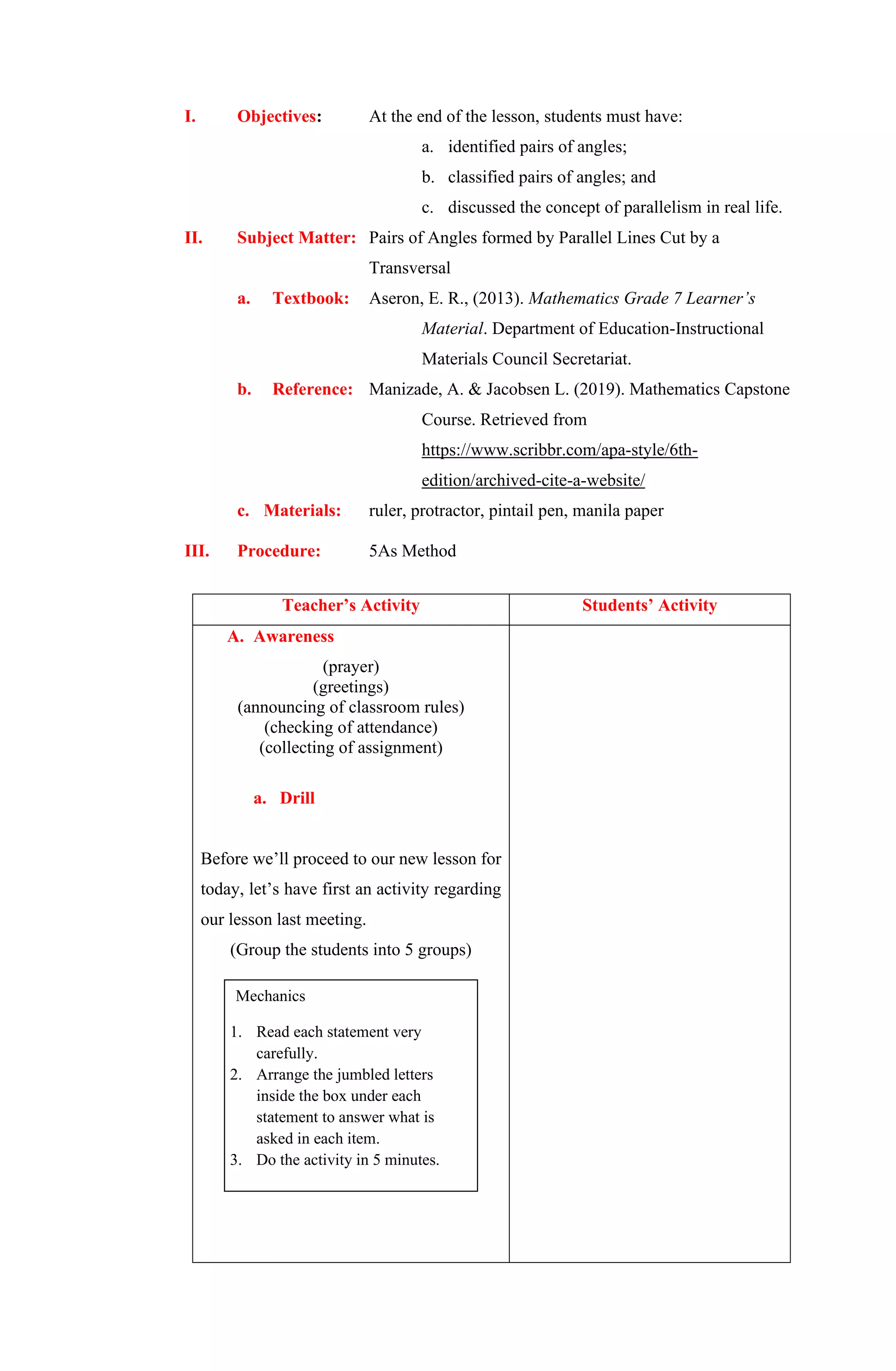 5As Lesson Plan on Pairs of Angles Formed by Parallel Lines Cut by a ...