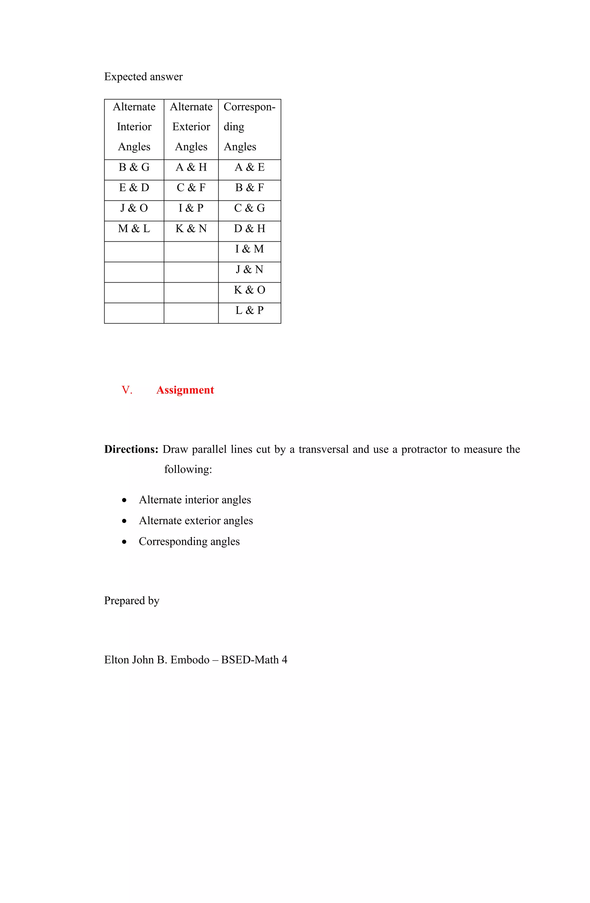 5As Lesson Plan on Pairs of Angles Formed by Parallel Lines Cut by a ...