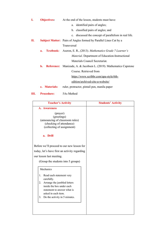 5As Lesson Plan on Pairs of Angles Formed by Parallel Lines Cut by a ...