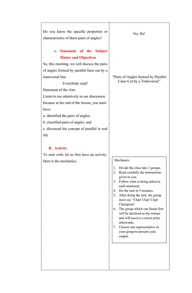 5As Lesson Plan on Pairs of Angles Formed by Parallel Lines Cut by a ...