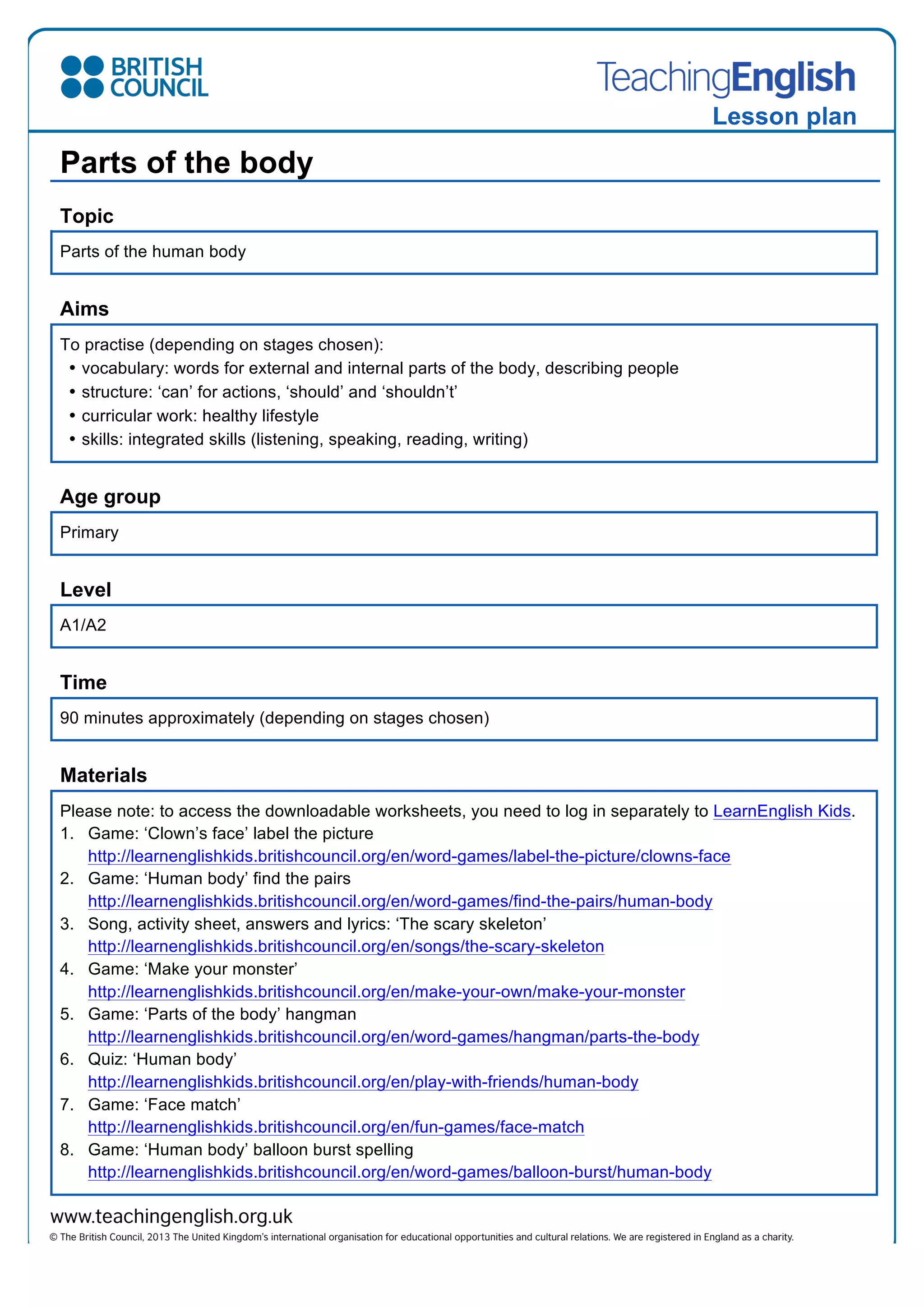 Lesson plan parts of the body (1) 0 | PDF