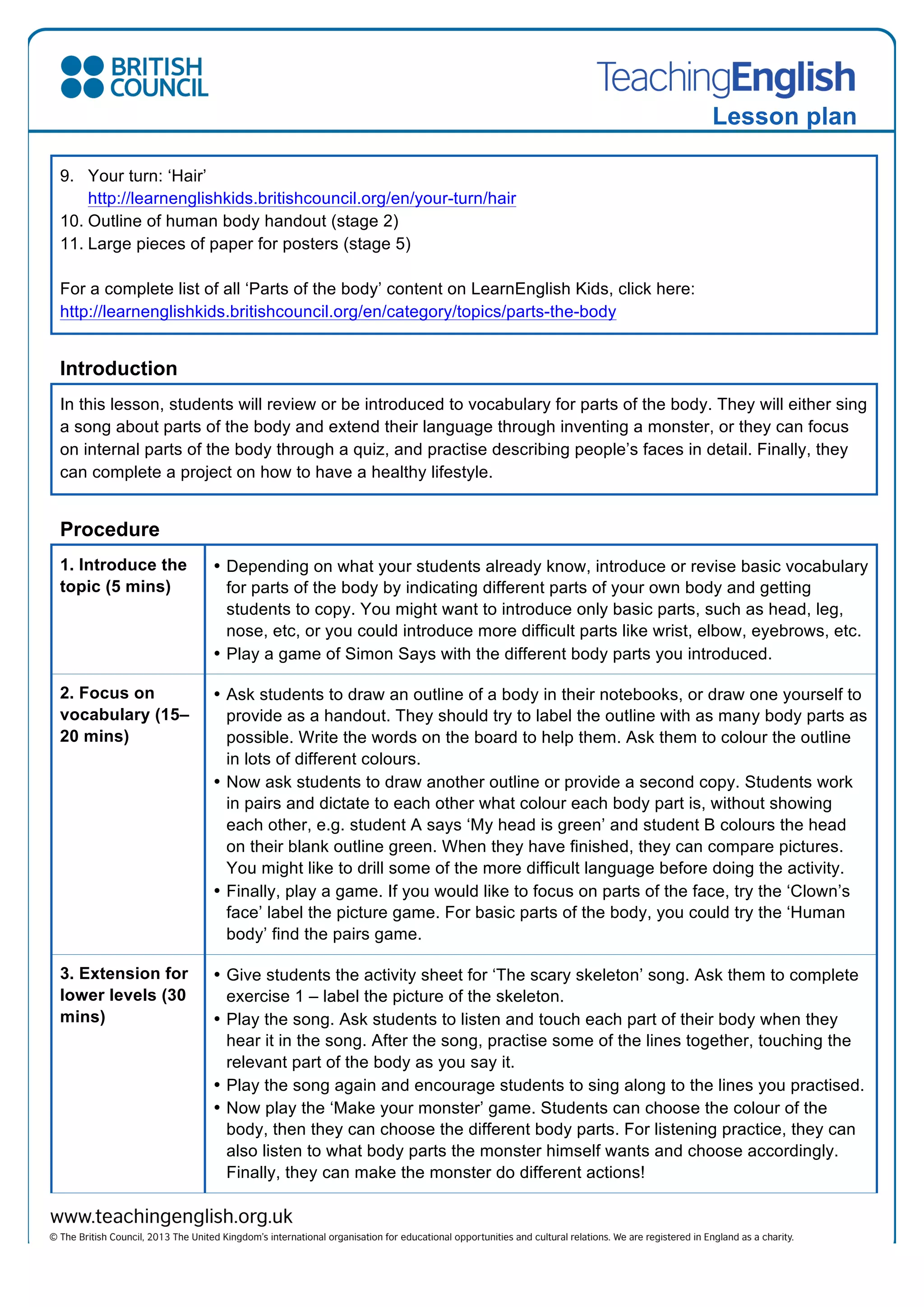 Lesson plan parts of the body (1) 0 | PDF | Secondary Education | Education