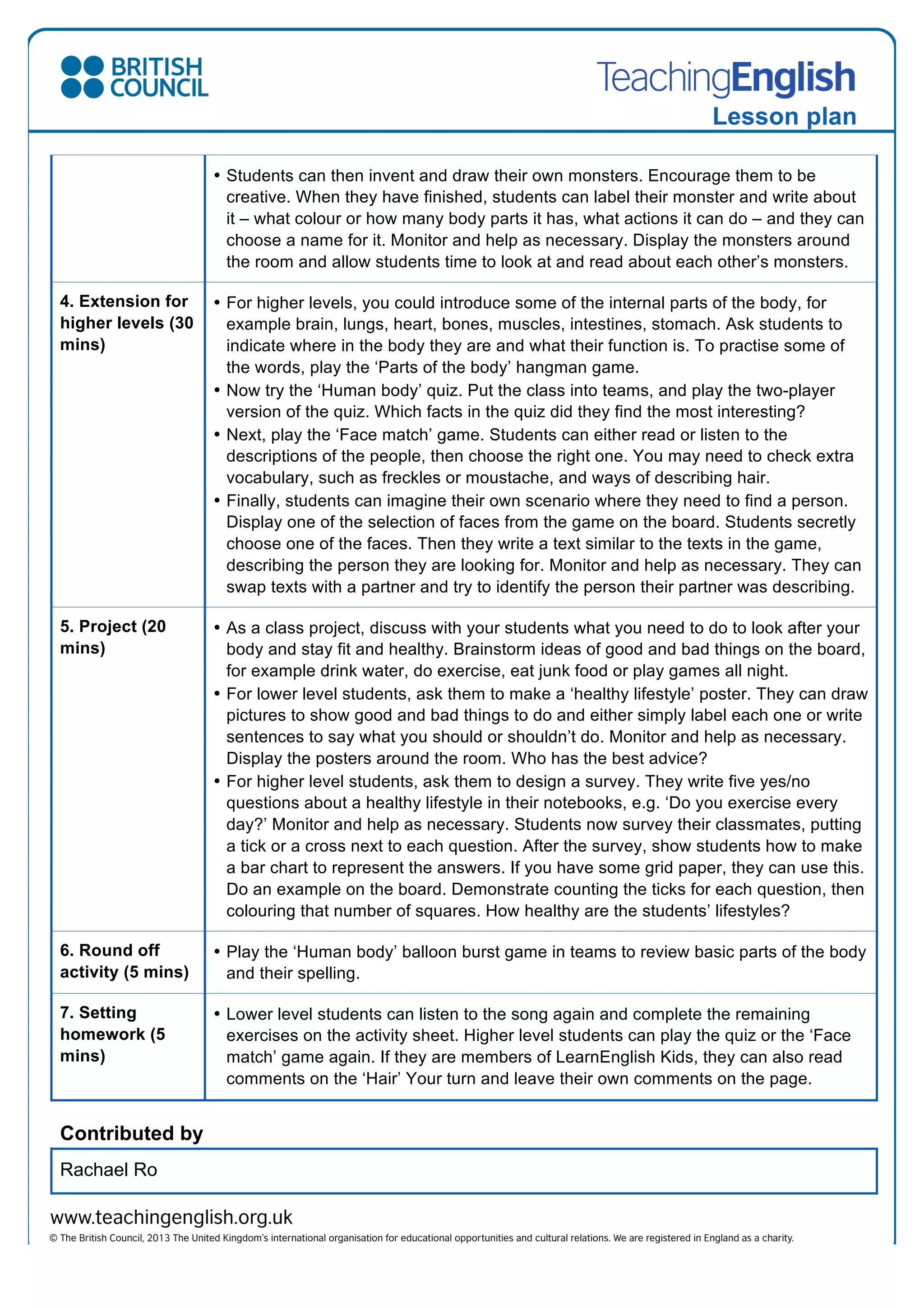 Lesson plan parts of the body (1) 0 | PDF