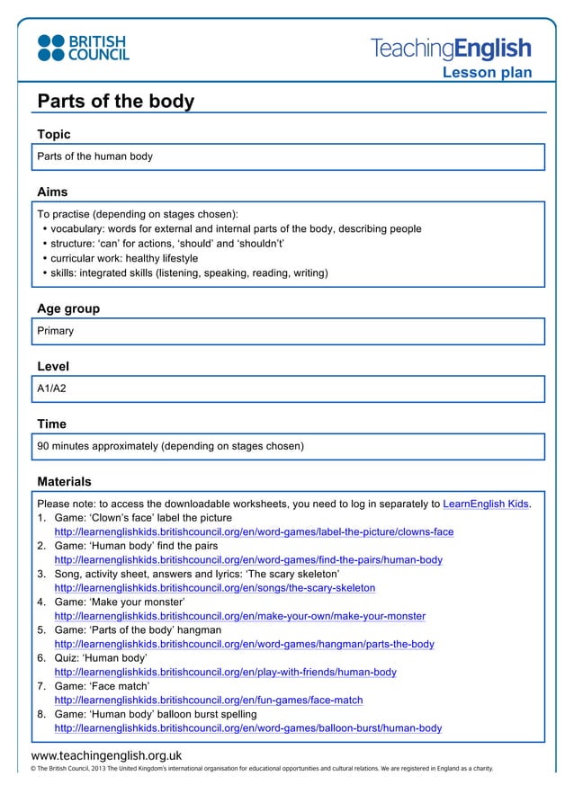 Lesson plan parts of the body (1) 0 | PDF