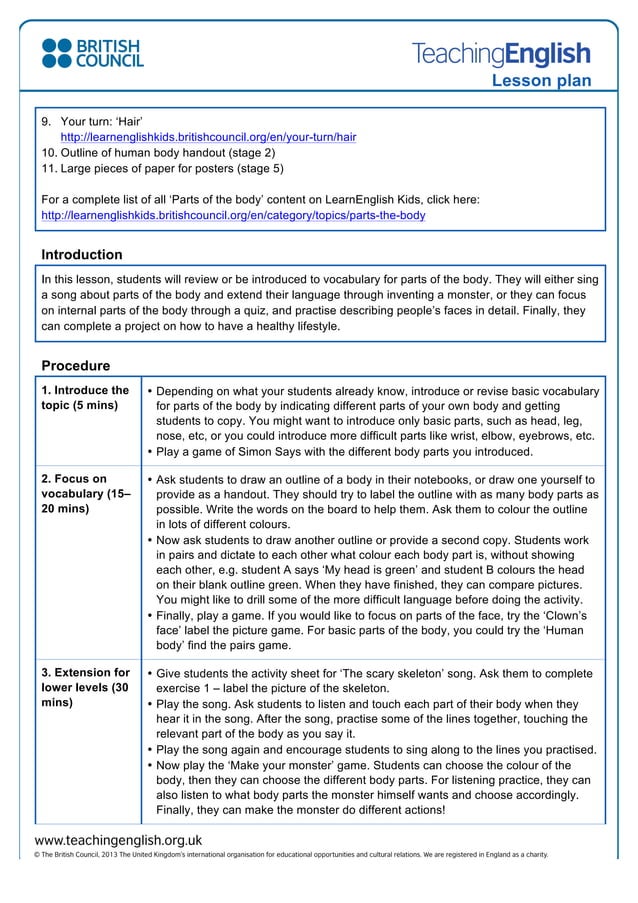 Lesson plan parts of the body (1) 0 | PDF