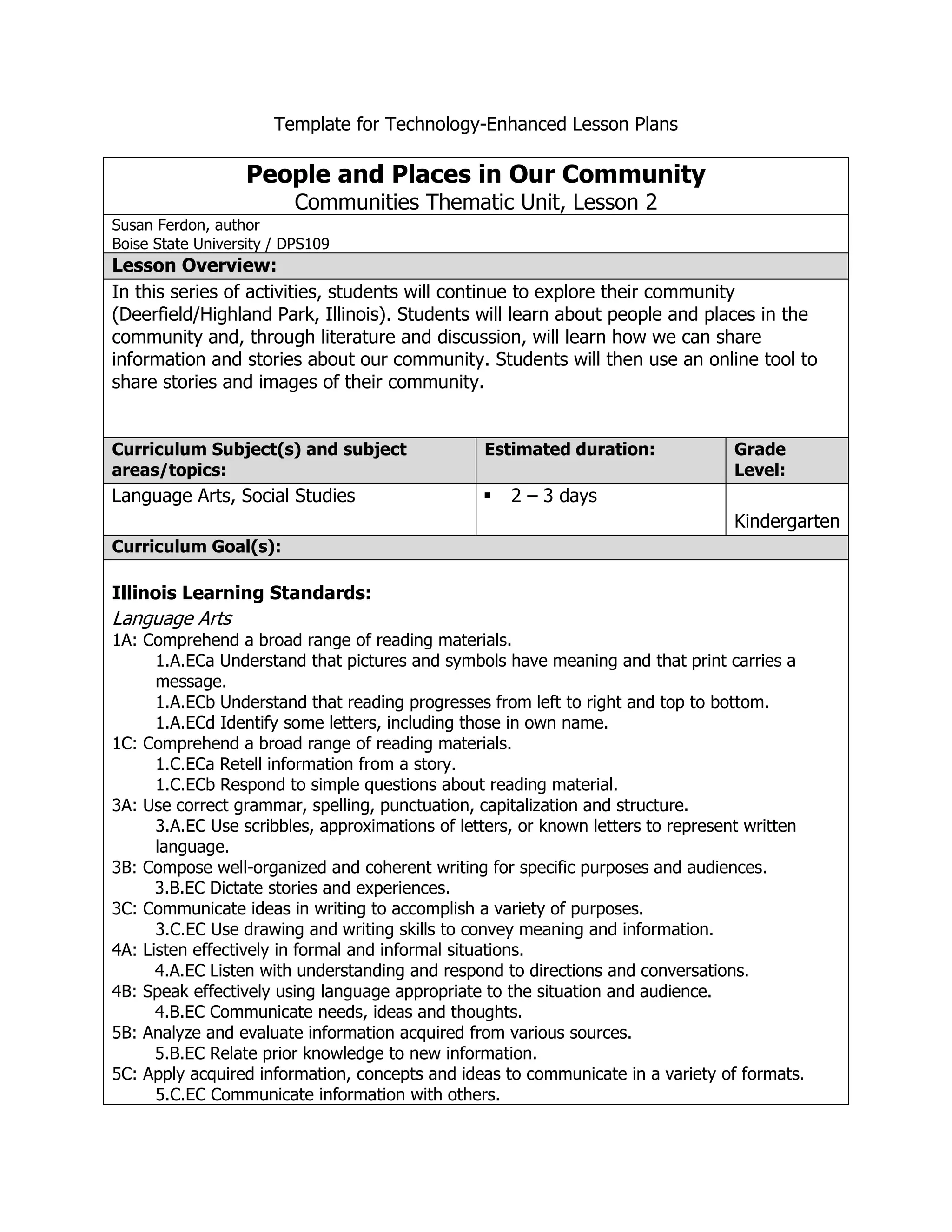 Lessonplan peopleplaces | DOCX | Daycare and Pre-School | Parenting