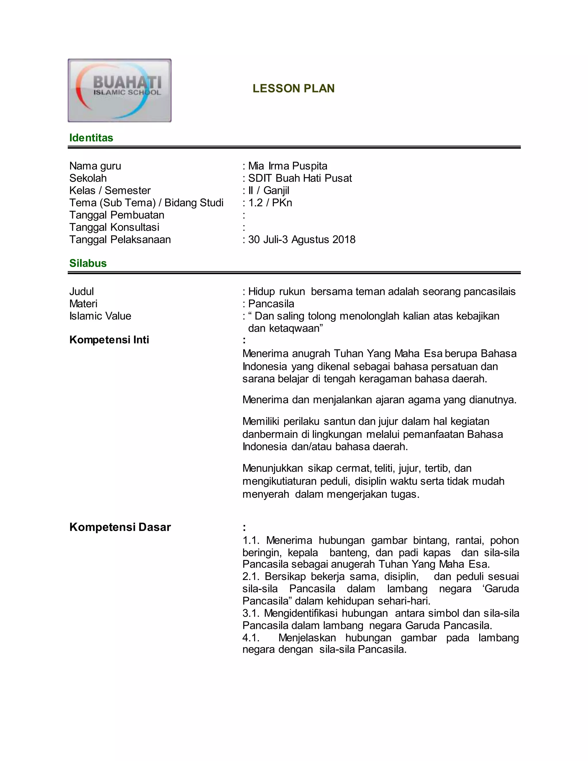 Lesson plan pkn tema 1 | DOCX