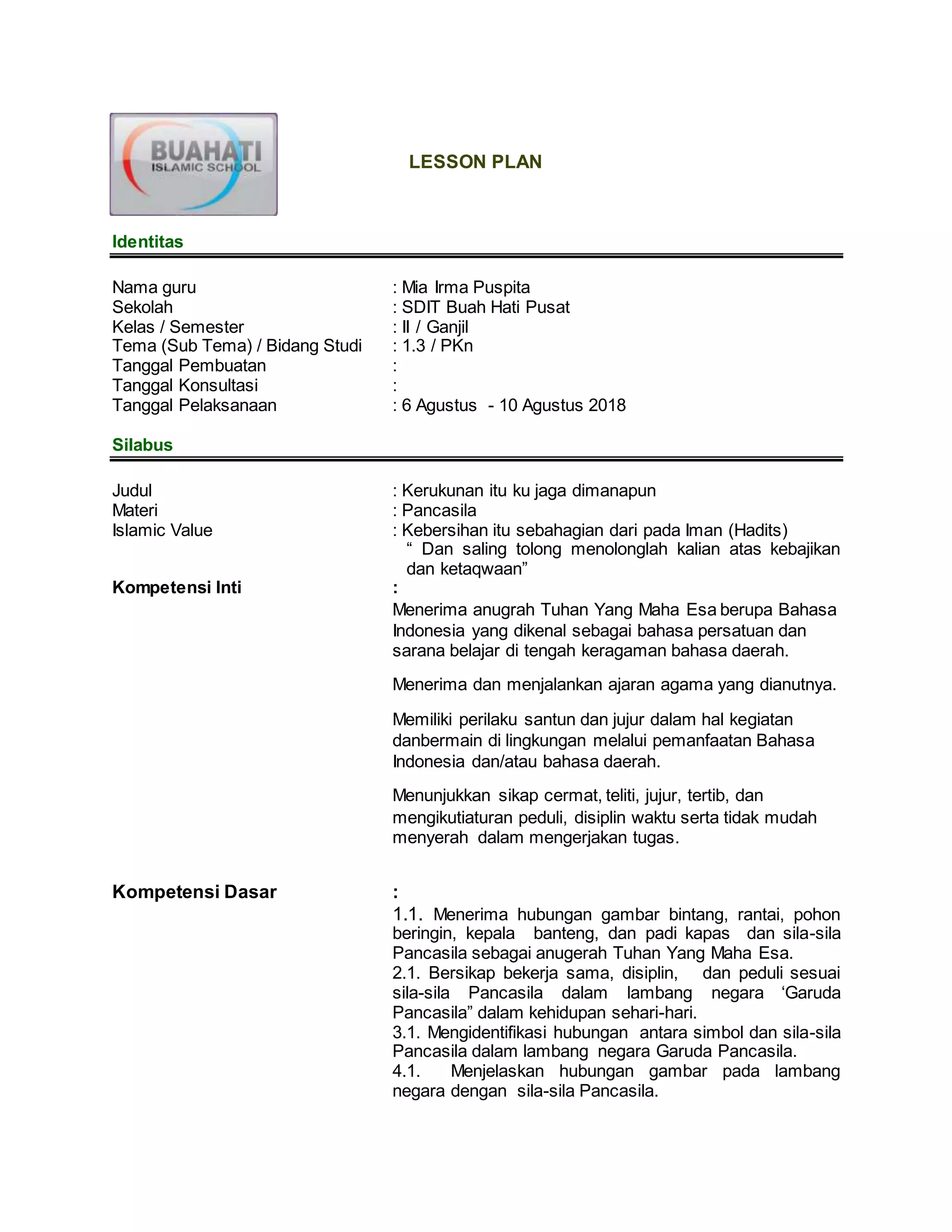 Lesson plan pkn tema 1 | DOCX