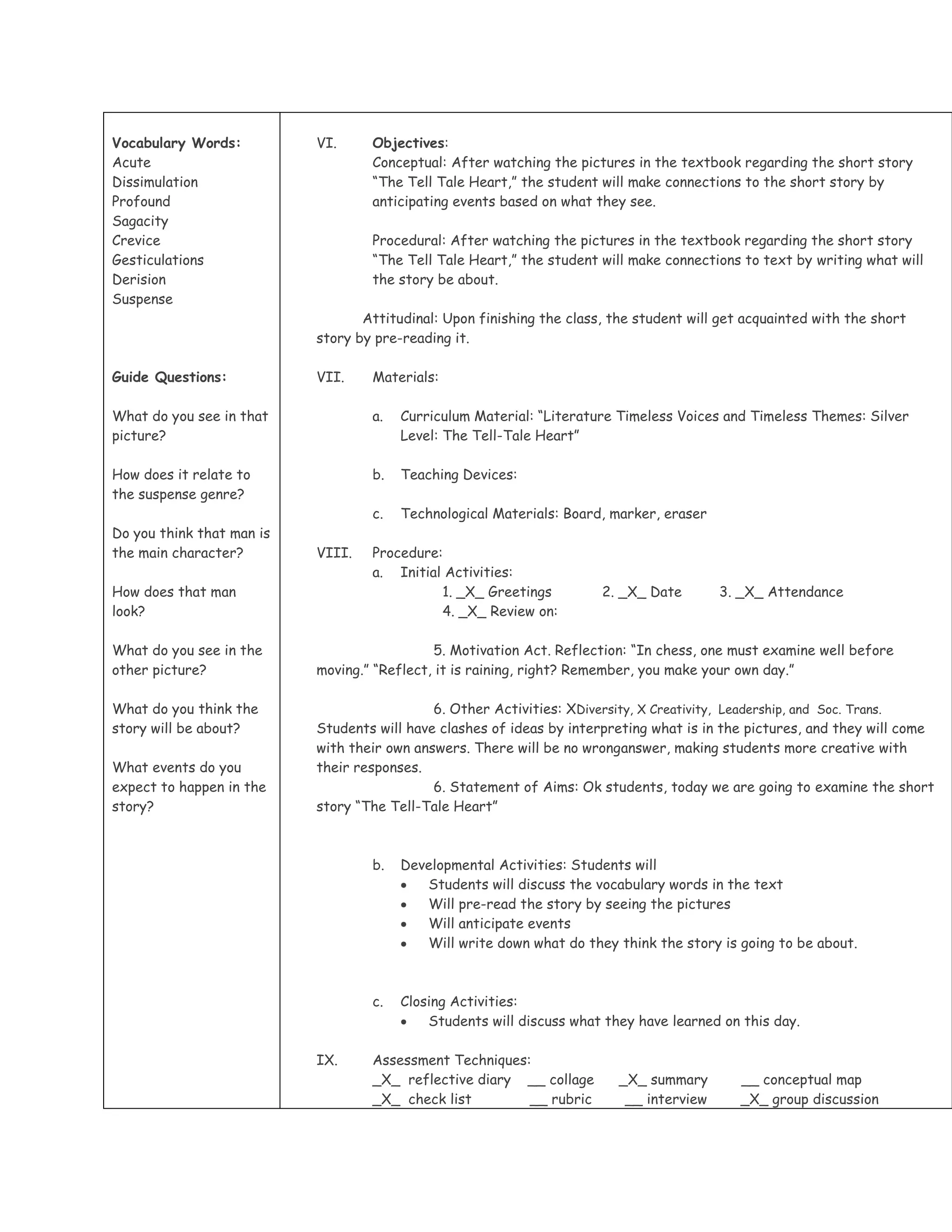 Lesson plan pre reading short story | DOCX