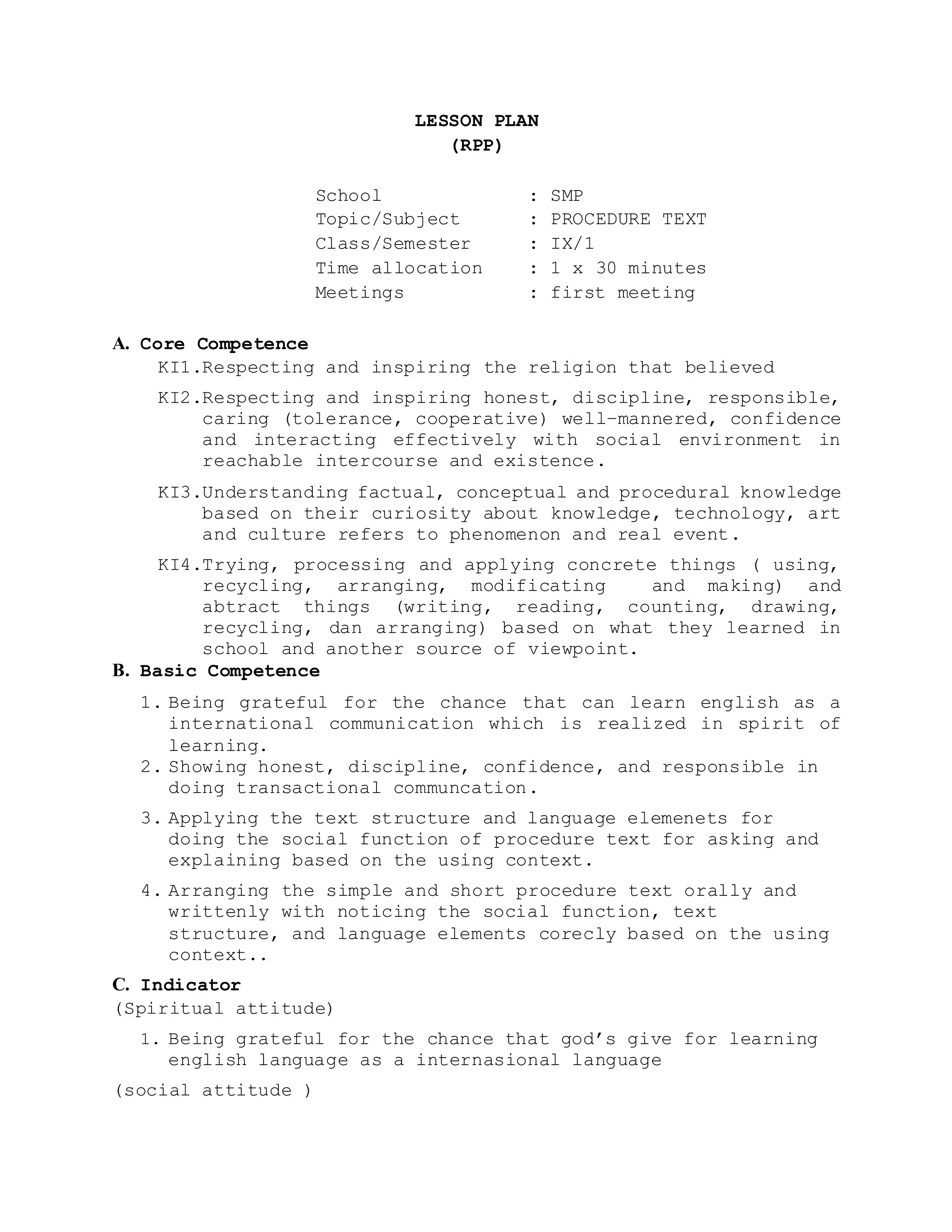 Lesson plan procedure text for junior high schools | DOCX