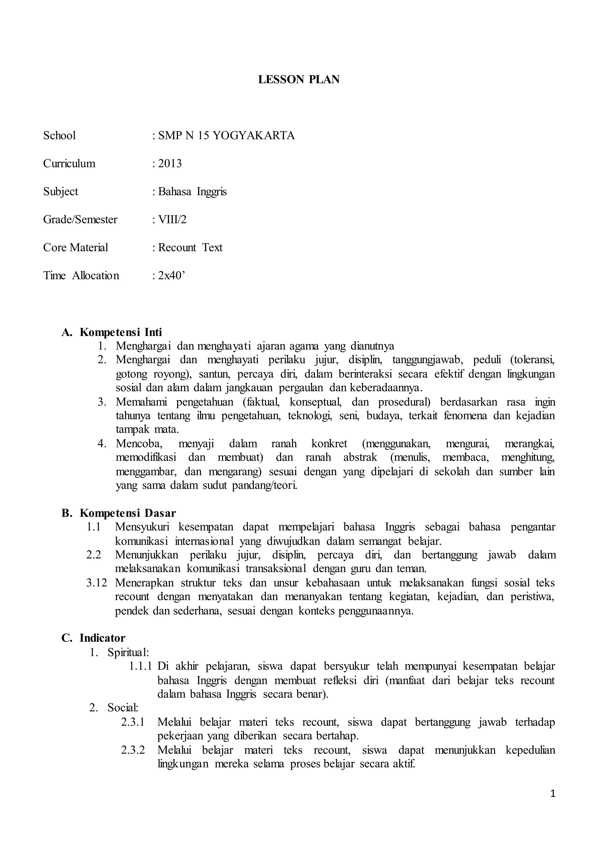 Lesson plan recount text kelas 8 semester 2 kutilas | DOCX